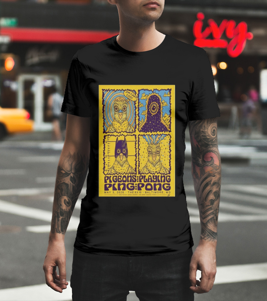 Pigeons Playing Ping Pong May 3 2026 Baltimore MD Jim Can Coo Created By Derek Murphy One Drop Design Studio T-Shirt