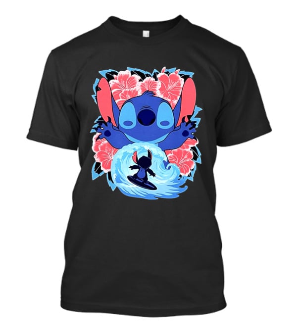 Lilo And Stitch Surfing Tropical Hibiscus Flowers T-Shirt