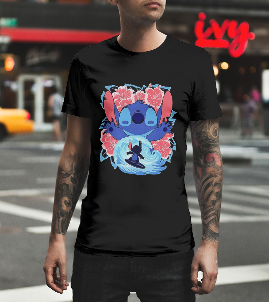 Lilo And Stitch Surfing Tropical Hibiscus Flowers T-Shirt