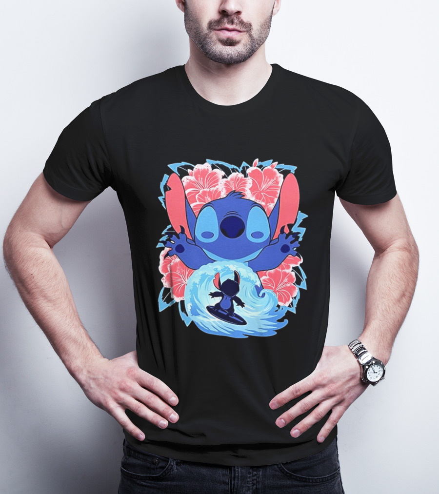 Lilo And Stitch Surfing Tropical Hibiscus Flowers T-Shirt