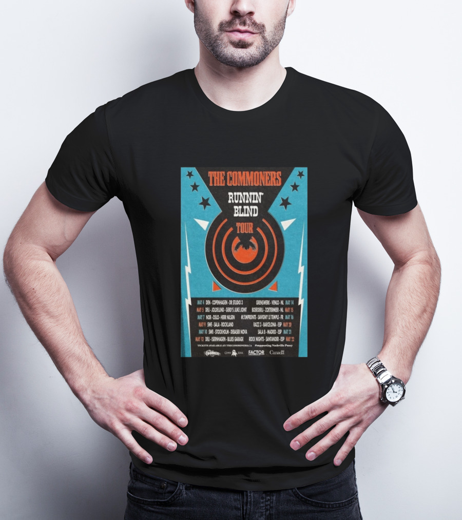 The Commoners Runnin Blind Tour 2026 Europe Dates Copenhagen Oslo Barcelona Madrid T-Shirt