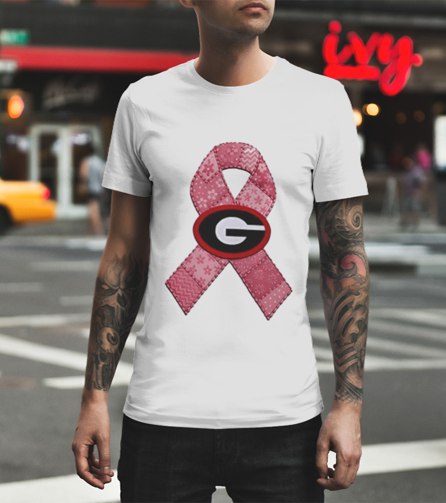 Georgia Bulldogs Patchwork Pink Ribbon Breast Cancer Awareness T-Shirt