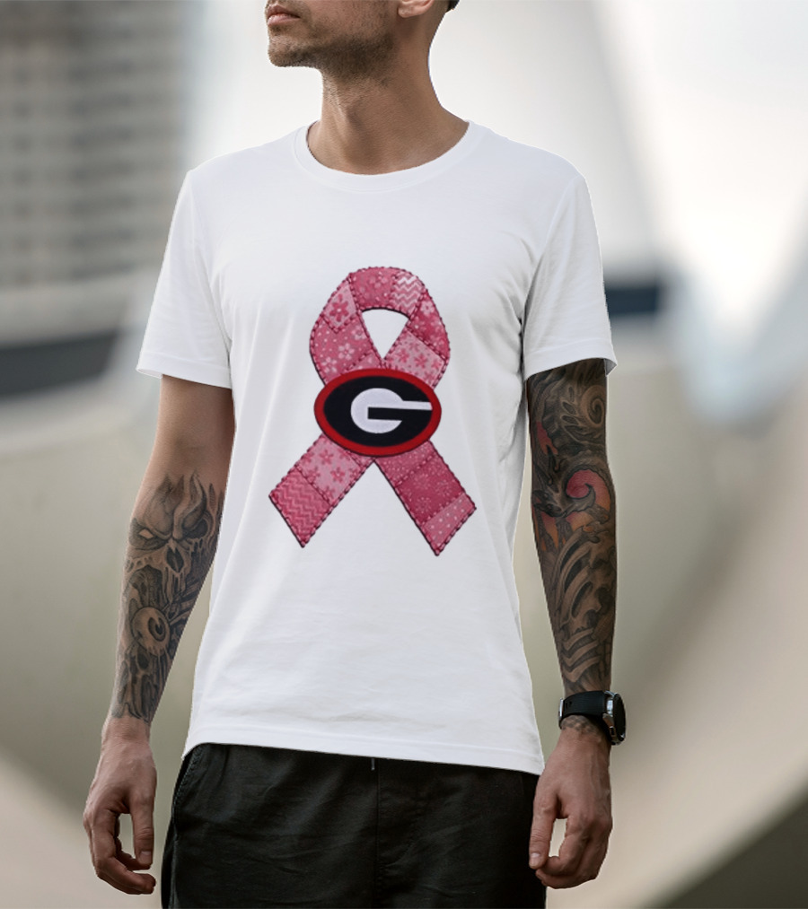 Georgia Bulldogs Patchwork Pink Ribbon Breast Cancer Awareness T-Shirt