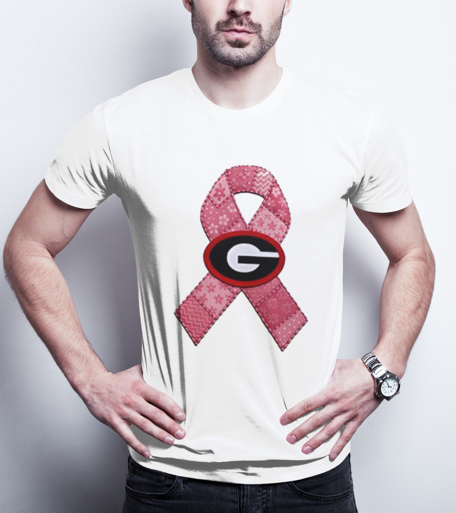 Georgia Bulldogs Patchwork Pink Ribbon Breast Cancer Awareness T-Shirt