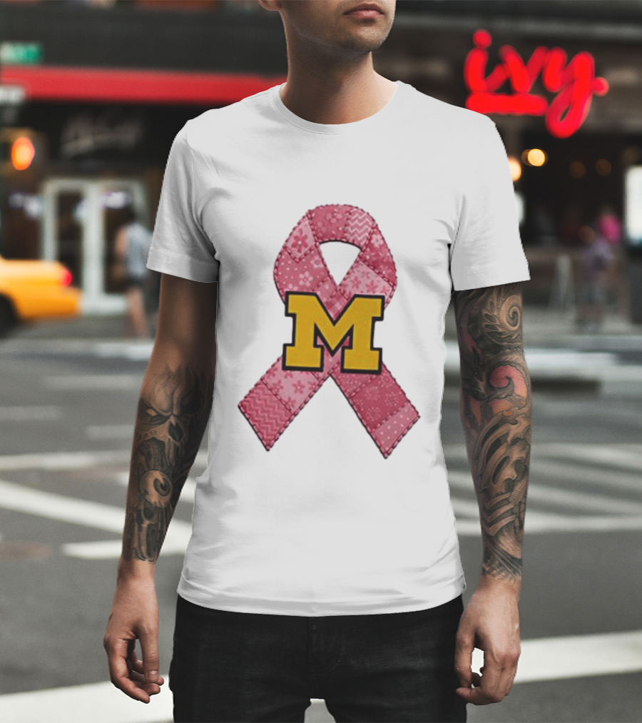 Michigan Wolverines Breast Cancer Awareness Pink Ribbon Patch T-Shirt