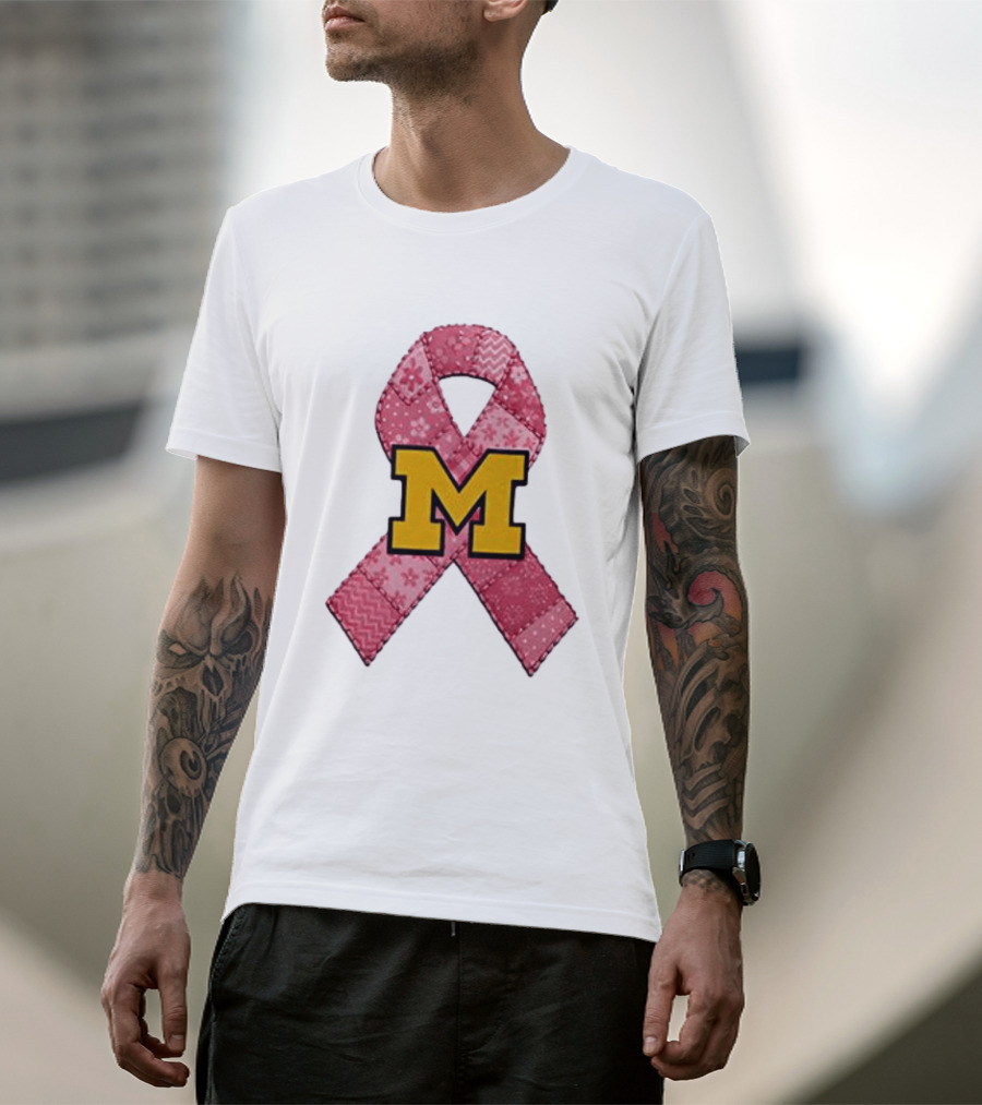 Michigan Wolverines Breast Cancer Awareness Pink Ribbon Patch T-Shirt