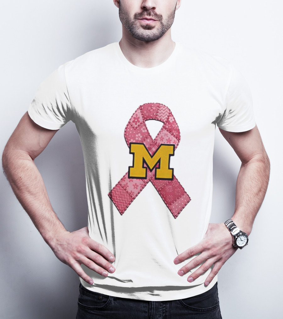 Michigan Wolverines Breast Cancer Awareness Pink Ribbon Patch T-Shirt