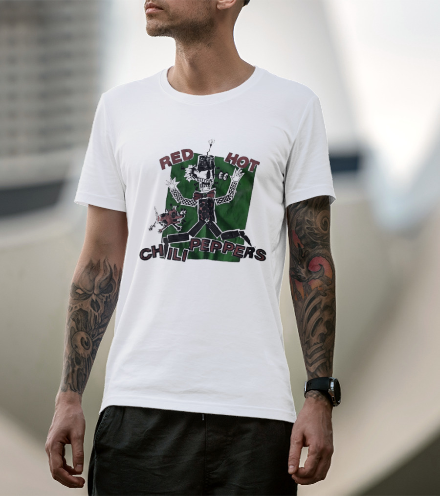 Red Hot Chili Peppers Puppet Skeleton Art With Bowtie And Top Hat T-Shirt