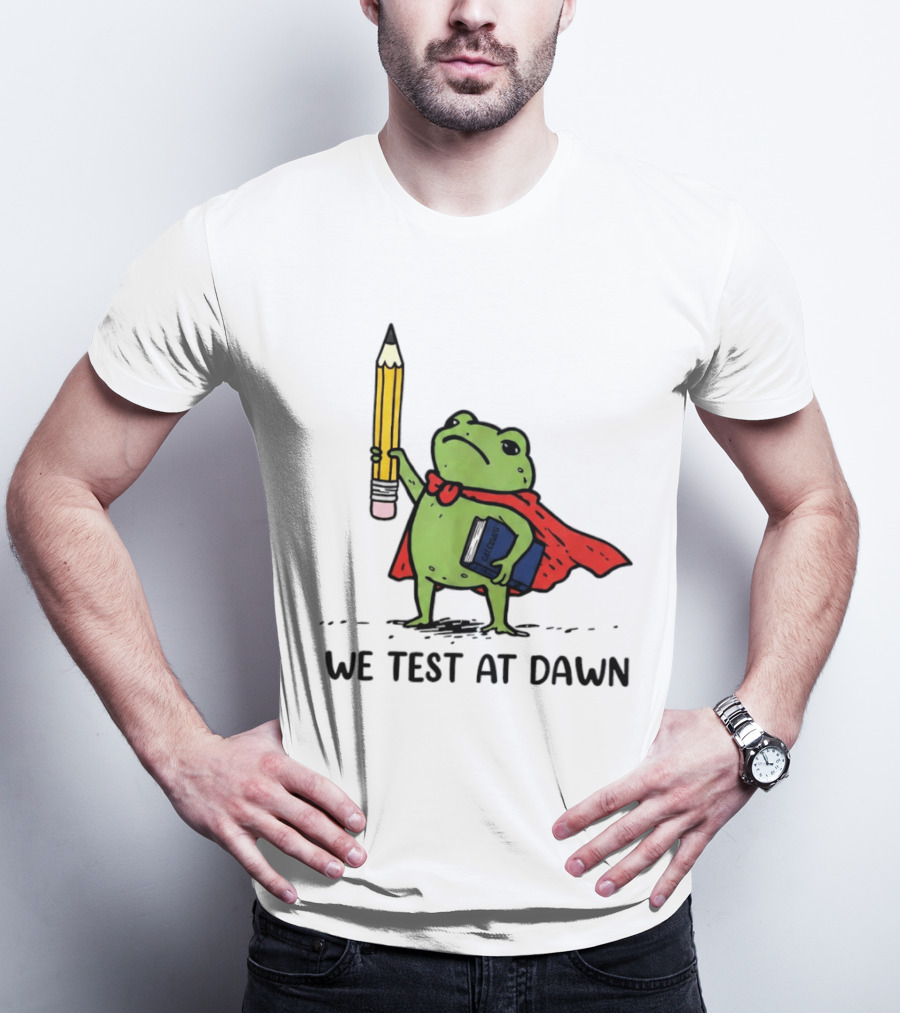 Teacher Frog We Test At Dawn Superhero Pencil And Calculator T-Shirt