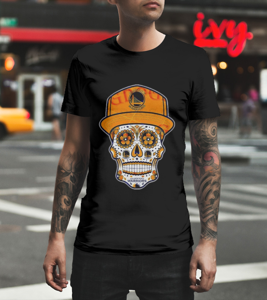 Golden State Warriors Sugar Skull Día De Muertos Cap And Floral T-Shirt
