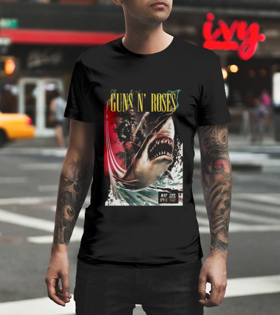 Guns N' Roses May 05 2026 Hard Rock Live Hollywood Concert Skeleton Guitarist Shark Wave T-Shirt