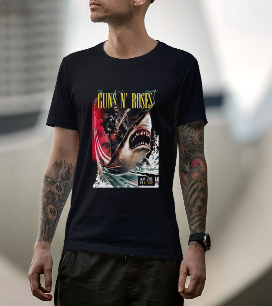 Guns N' Roses May 05 2026 Hard Rock Live Hollywood Concert Skeleton Guitarist Shark Wave T-Shirt
