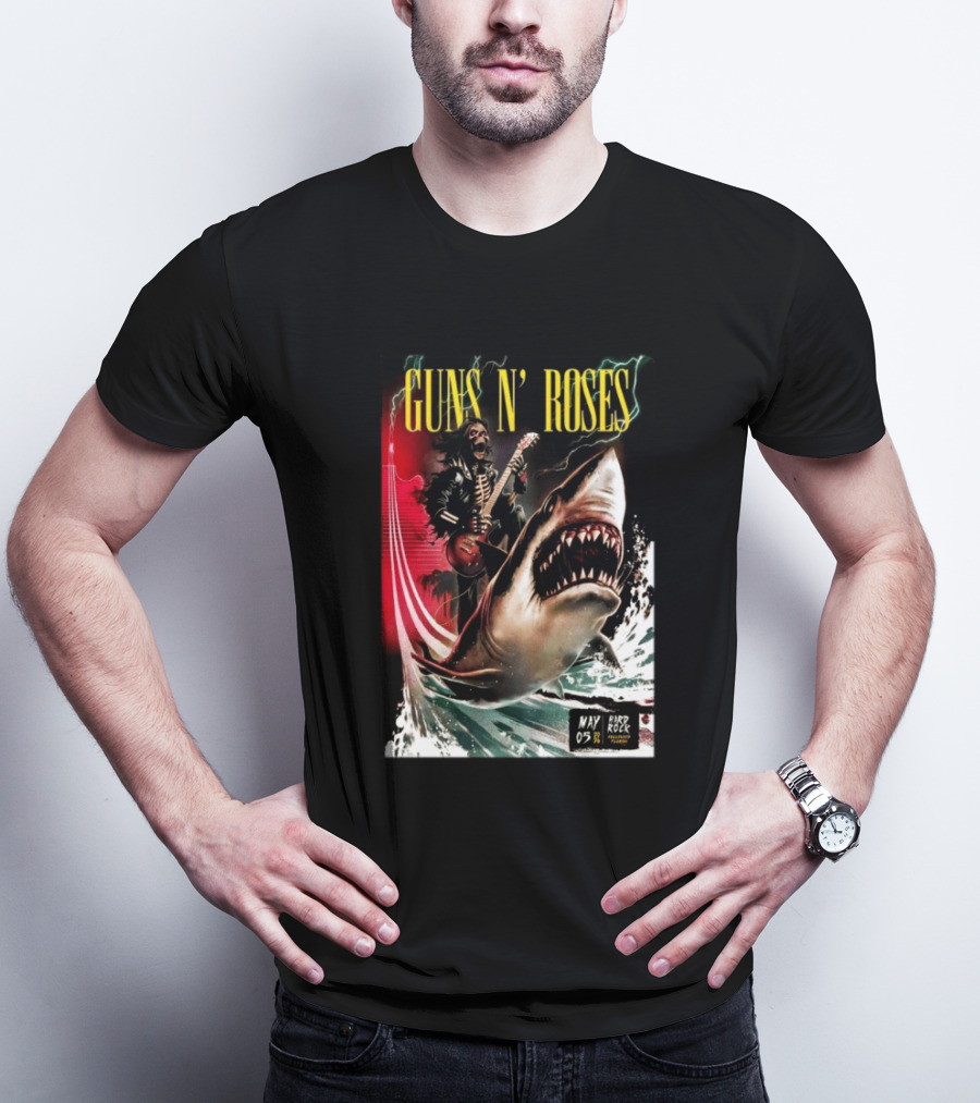 Guns N' Roses May 05 2026 Hard Rock Live Hollywood Concert Skeleton Guitarist Shark Wave T-Shirt