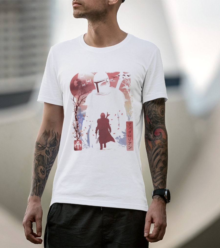 Lone Gunfighter Mandalorian Creed Japanese Text Star Wars Art Red Blue Yellow T-Shirt