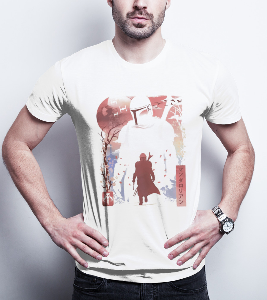 Lone Gunfighter Mandalorian Creed Japanese Text Star Wars Art Red Blue Yellow T-Shirt
