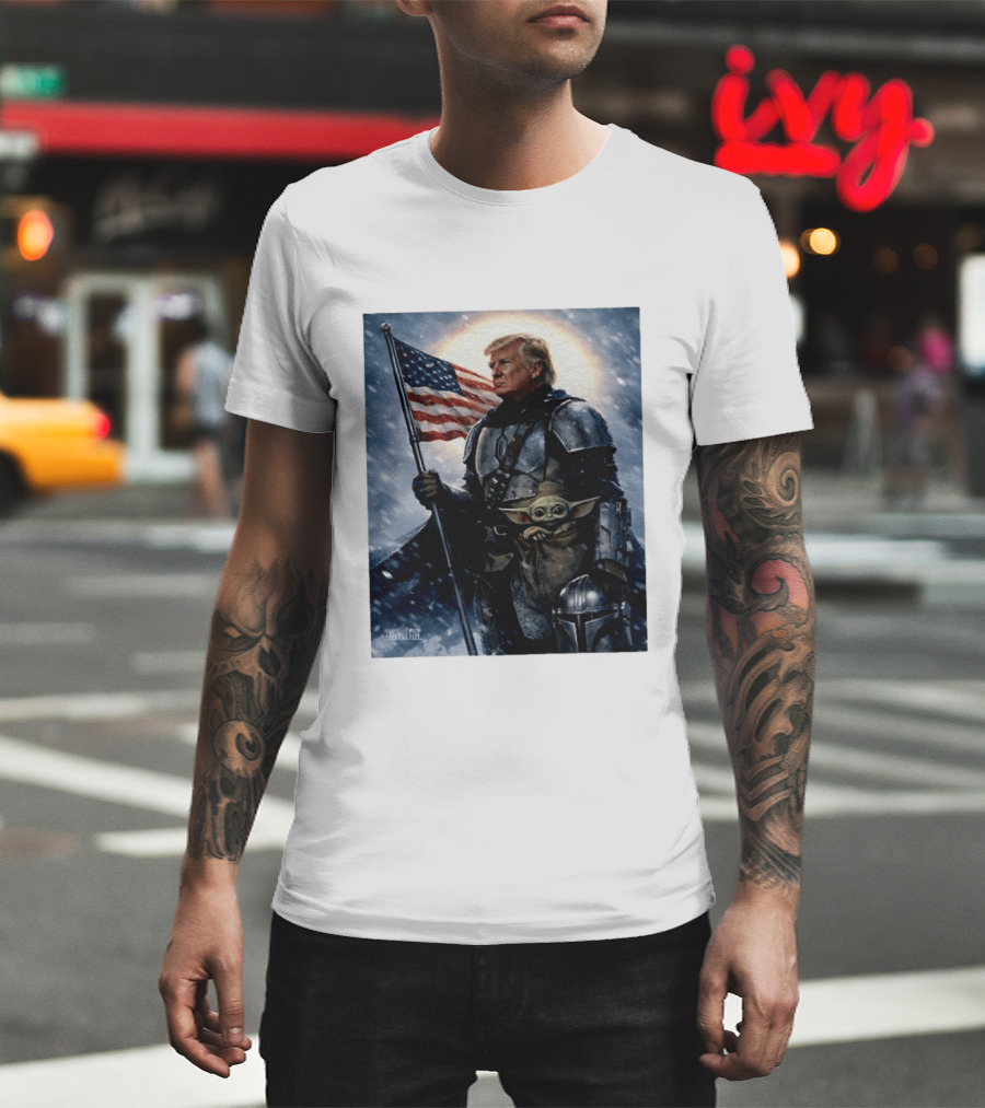 Donald Trump As The Mandalorian Holding American Flag With Grogu Star Wars T-Shirt