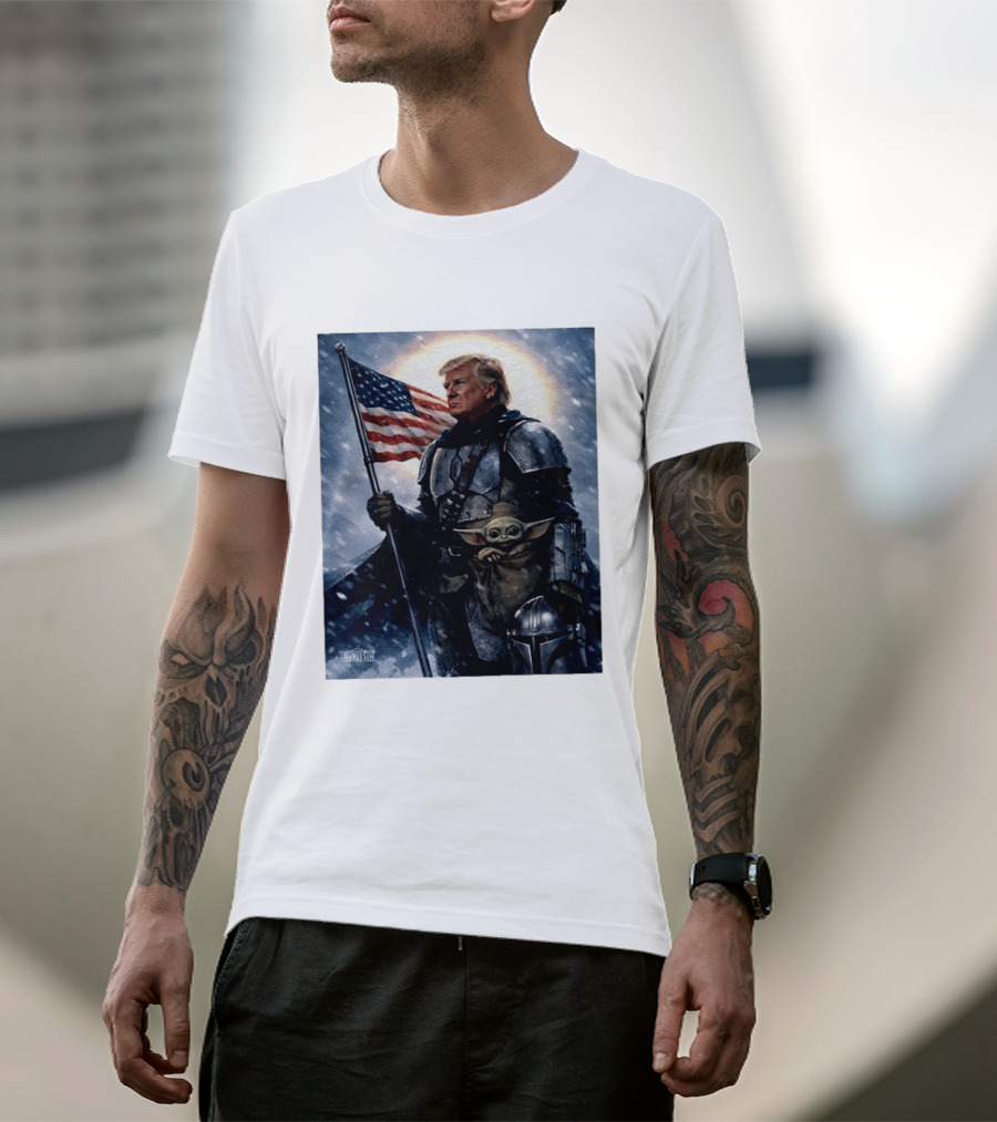 Donald Trump As The Mandalorian Holding American Flag With Grogu Star Wars T-Shirt