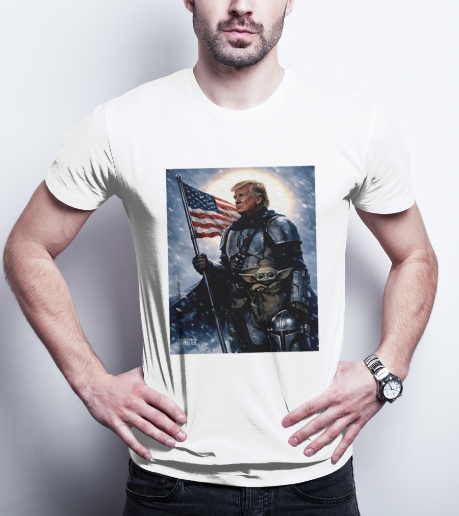 Donald Trump As The Mandalorian Holding American Flag With Grogu Star Wars T-Shirt