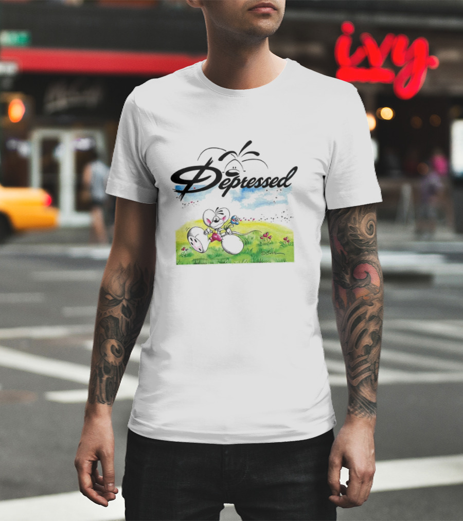 Depressed Diddl White Gerbil Cartoon In Spring Meadow T-Shirt