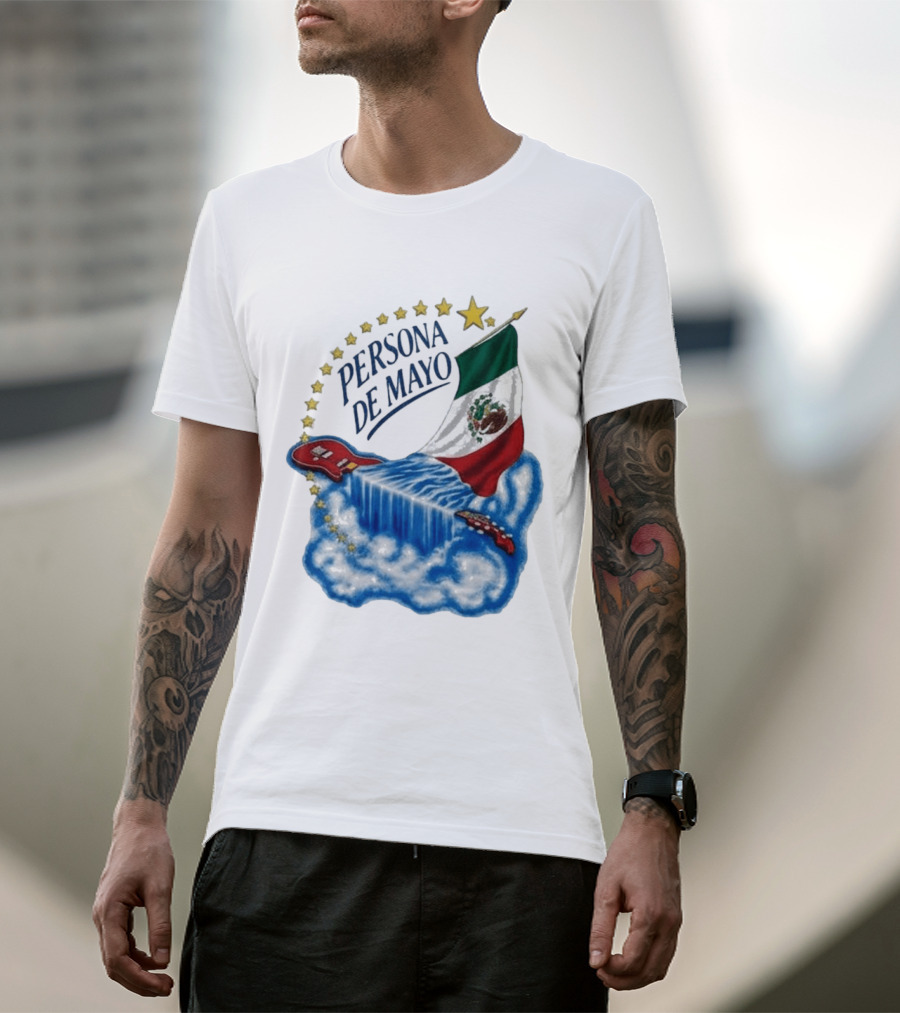 Persona De Mayo Mexican Flag Guitar Waterfall Stars T-Shirt
