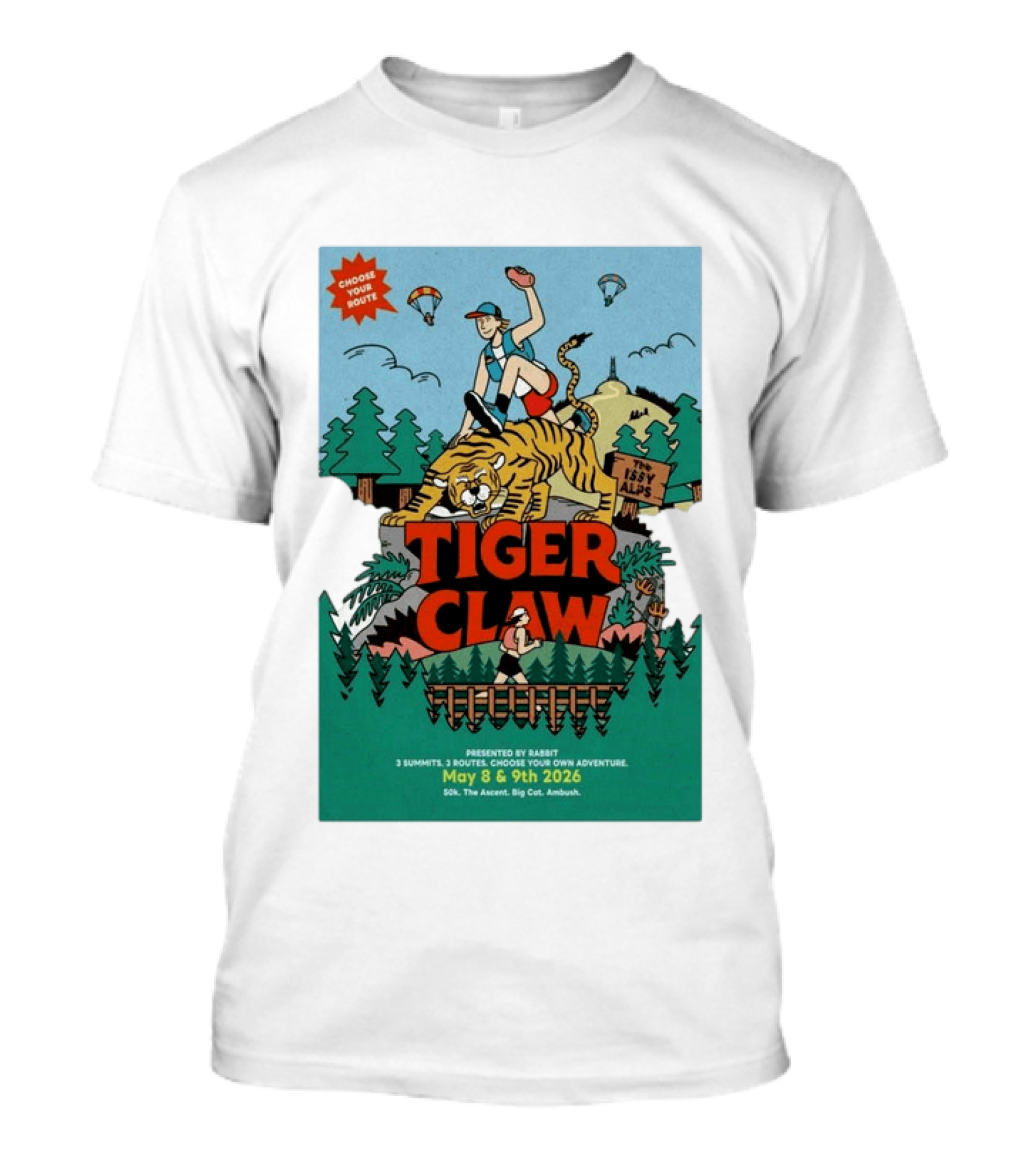 Choose Your Route Tiger Claw May 8 9 2026 3 Summits Adventure 50k The Ascent Big Cat Ambush T-Shirt