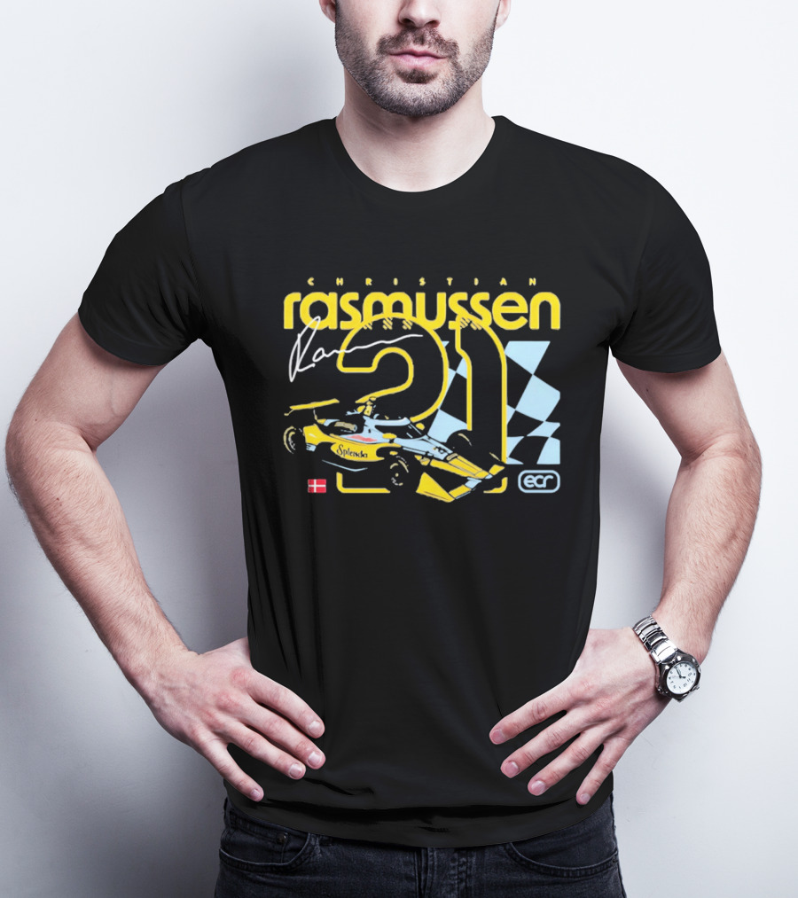 Christian Rasmussen ECR Number 21 Racing Splendor Denmark Flag Checkerboard T-Shirt