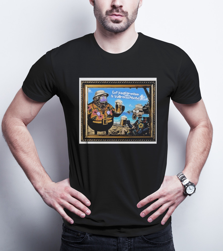 Entjungfermann And Vollrauschbube Tropical Beach Cartoon Characters Cheers With Beer T-Shirt