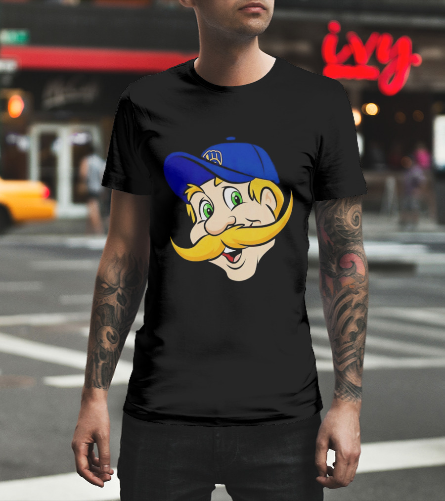 Milwaukee Brewers Big Face Mascot With Blue Cap And Mustache T-Shirt