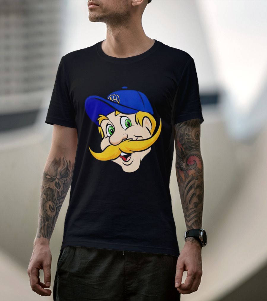 Milwaukee Brewers Big Face Mascot With Blue Cap And Mustache T-Shirt