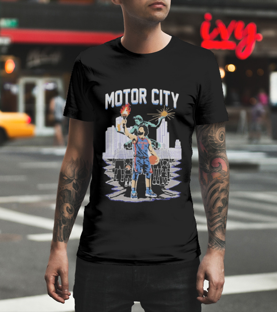 Motor City Detroit Pistons Cade Cunningham Torch Skyline T-Shirt