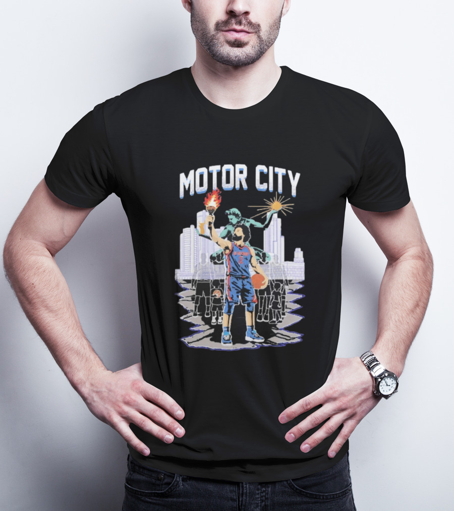 Motor City Detroit Pistons Cade Cunningham Torch Skyline T-Shirt