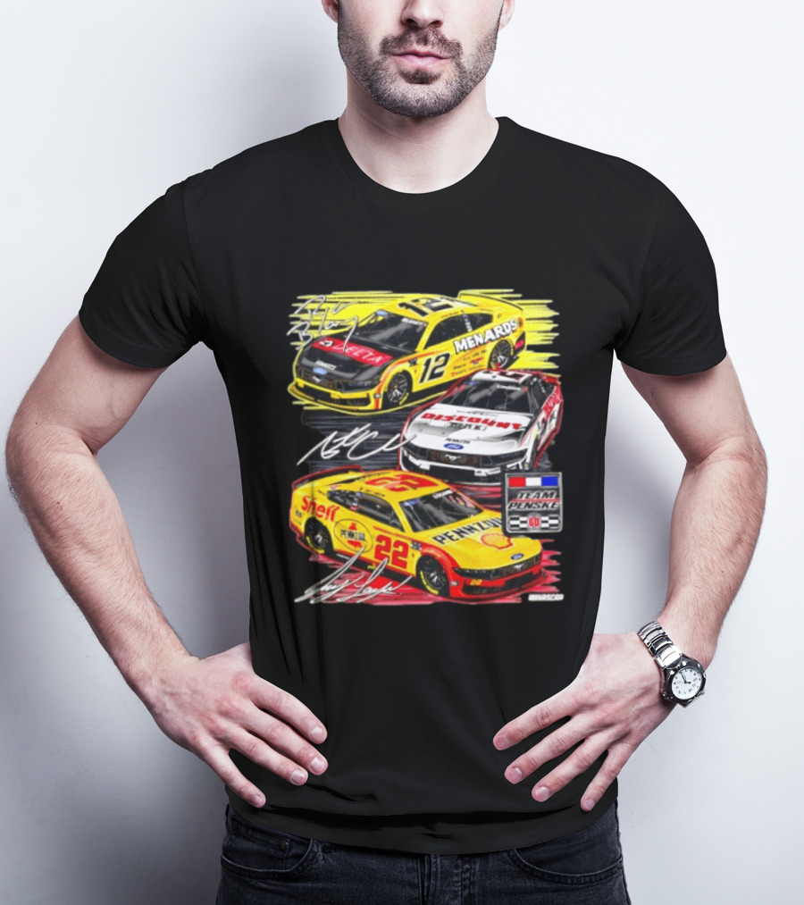 Team Penske 60th Anniversary NASCAR Racing Cars With Menards Shell Pennzoil Discount Tire Sponsors And Driver Signatures T-Shirt