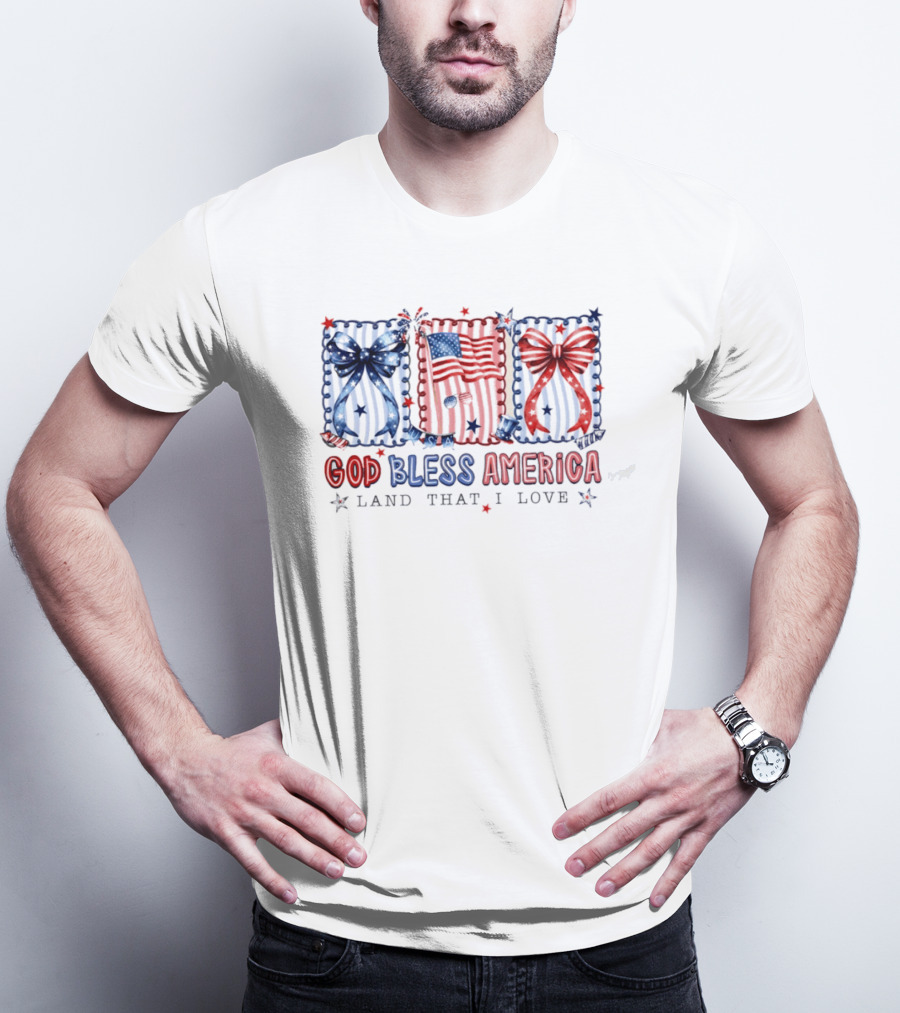 Coquette God Bless America Land That I Love Patriotic Fourth Of July Bows And Flags T-Shirt