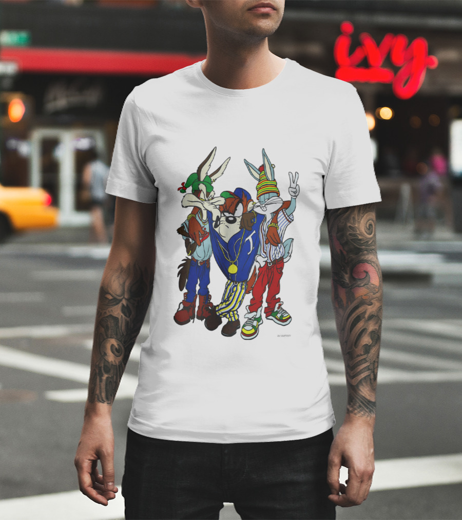 Rare Looney Tunes Hip Hop Bugs Taz Wile E Coyote Peace Sign Pose T-Shirt
