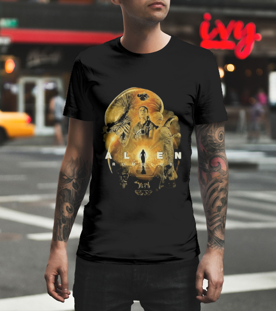 Alien Romulus Xenomorph Collage With Character And Spaceship T-Shirt