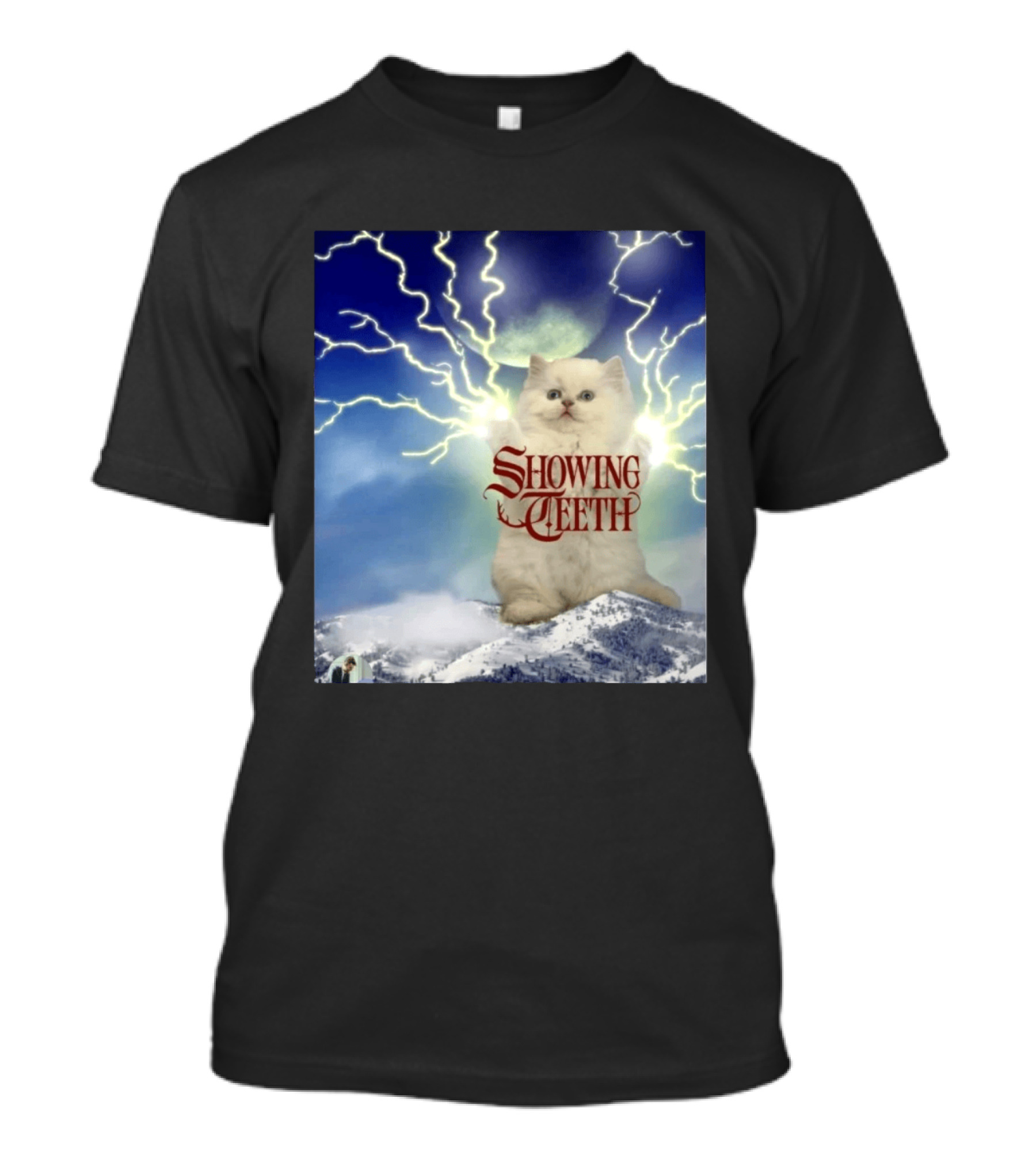 Showing Teeth Cat With Lightning Background In Blue Sky T-Shirt