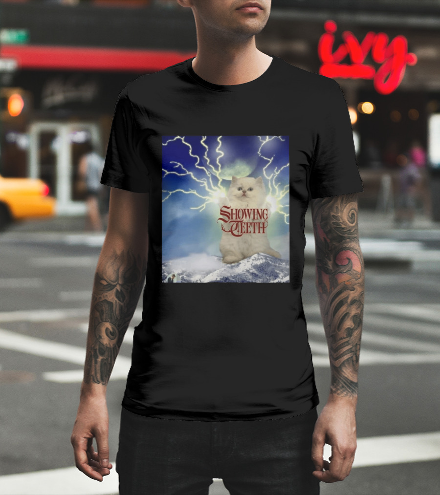 Showing Teeth Cat With Lightning Background In Blue Sky T-Shirt