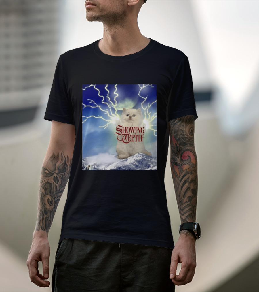 Showing Teeth Cat With Lightning Background In Blue Sky T-Shirt