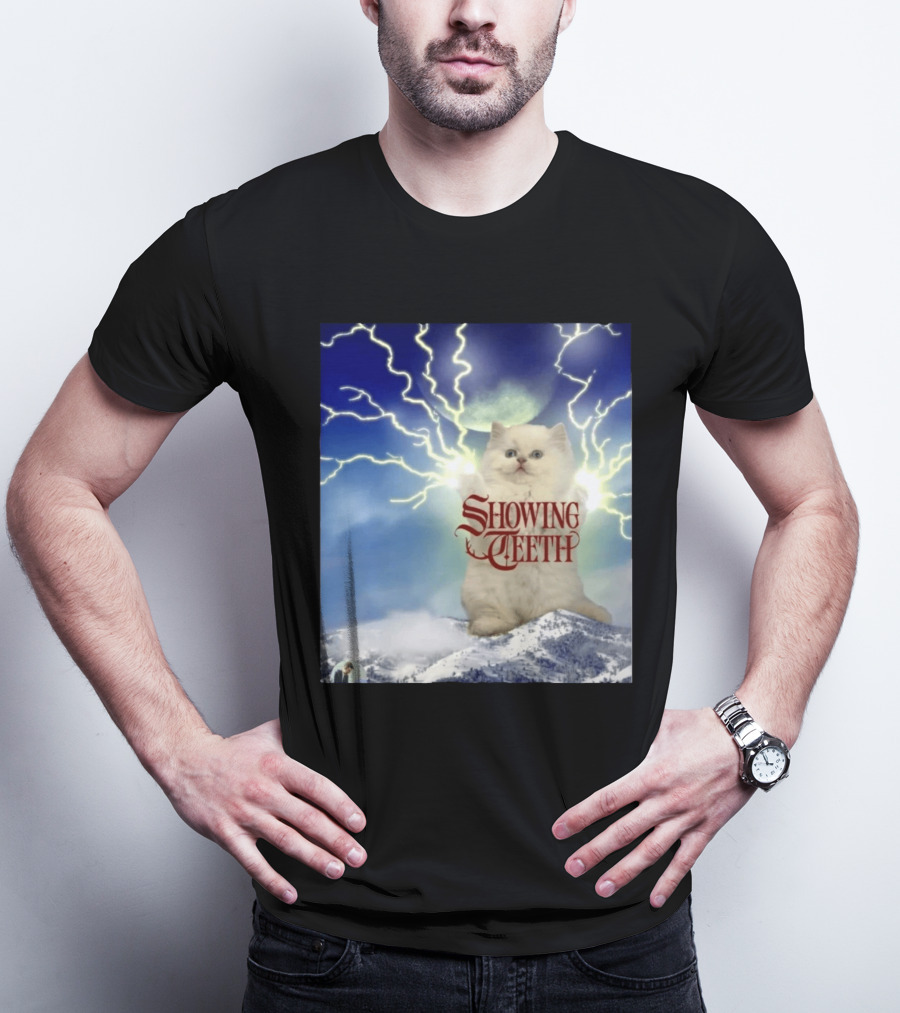 Showing Teeth Cat With Lightning Background In Blue Sky T-Shirt