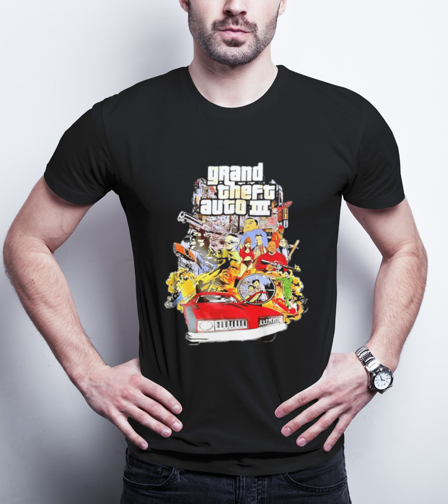 Grand Theft Auto III Characters Action Collage With Iconic Red Car T-Shirt
