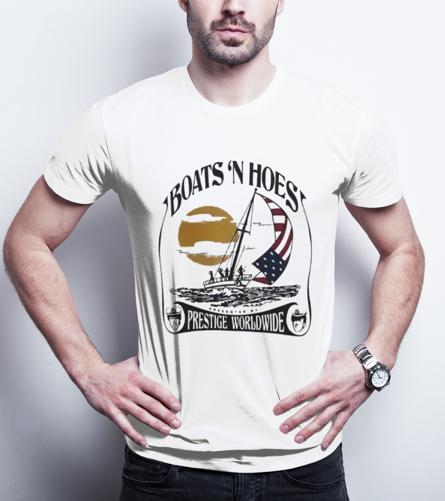 Boats N Hoes Prestige Worldwide USA Flag Sailing Sun Ocean T-Shirt