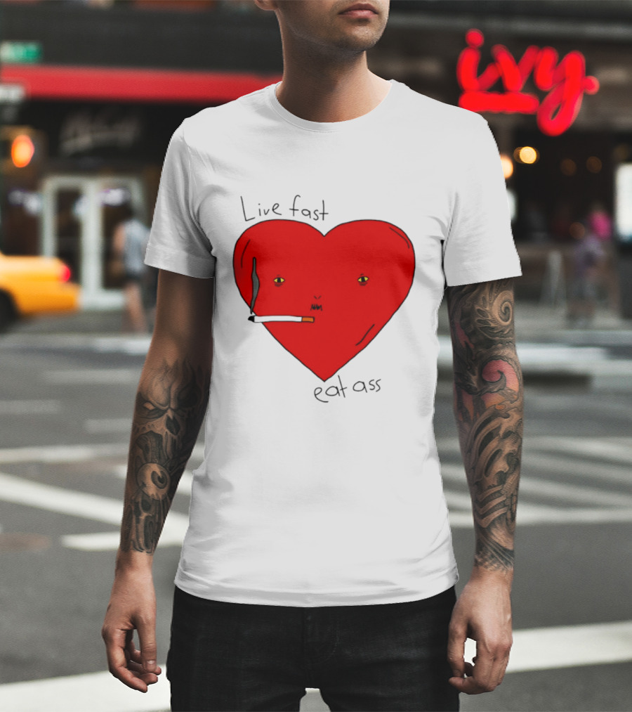 Live Fast Eat Ass Heart Smoking Cartoon T-Shirt
