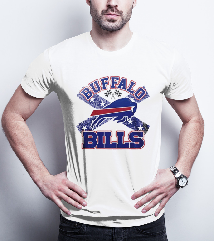 Buffalo Bills Caricature With Flag And Crossed Checkered Flags T-Shirt