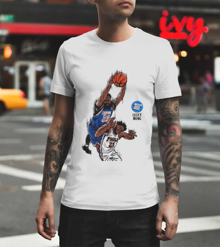 Knicks Vs 76ers Game 4 Iconic Moment Joel Embiid Mitchell Robinson NBA Matchup T-Shirt