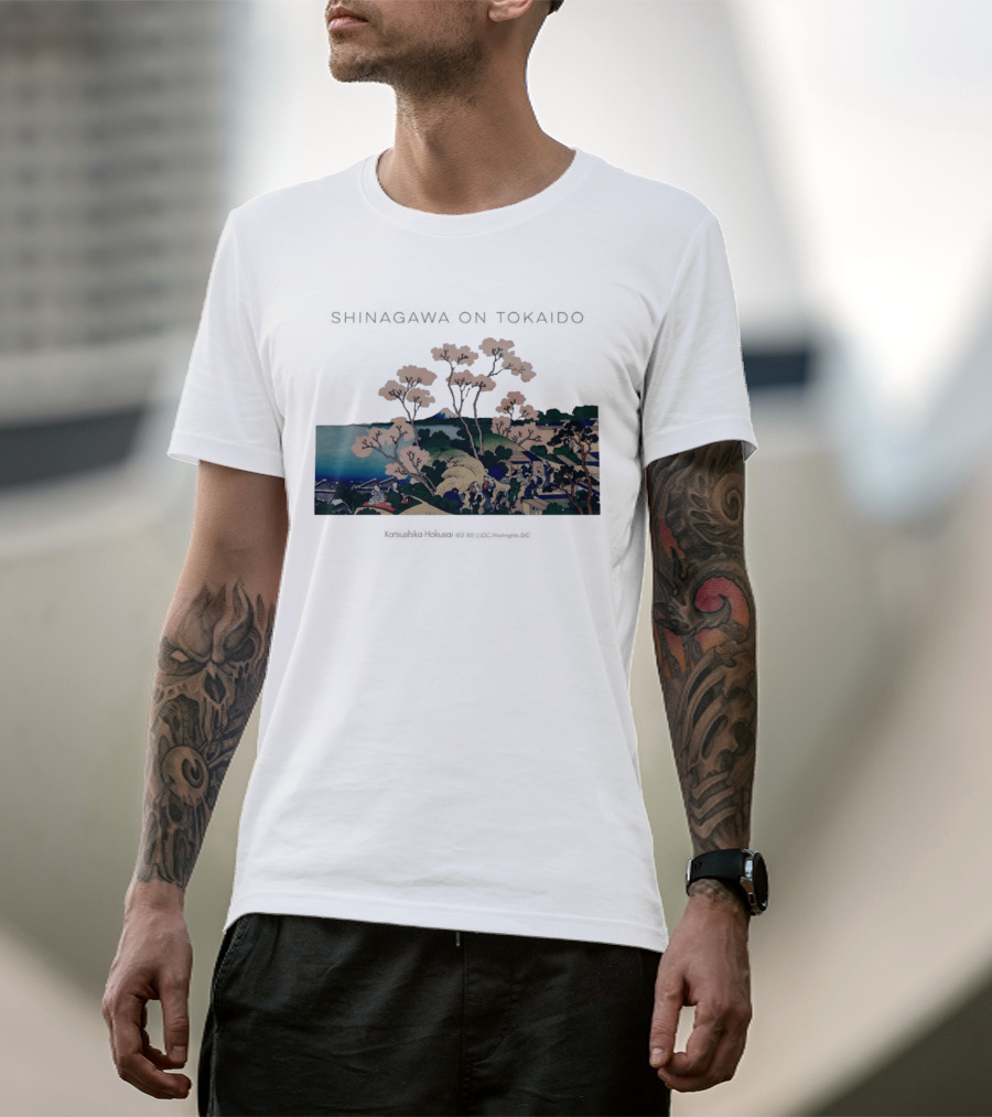 Shinagawa On Tokaido Katsushika Hokusai Cherry Blossoms And Travelers In Edo Period Japan T-Shirt