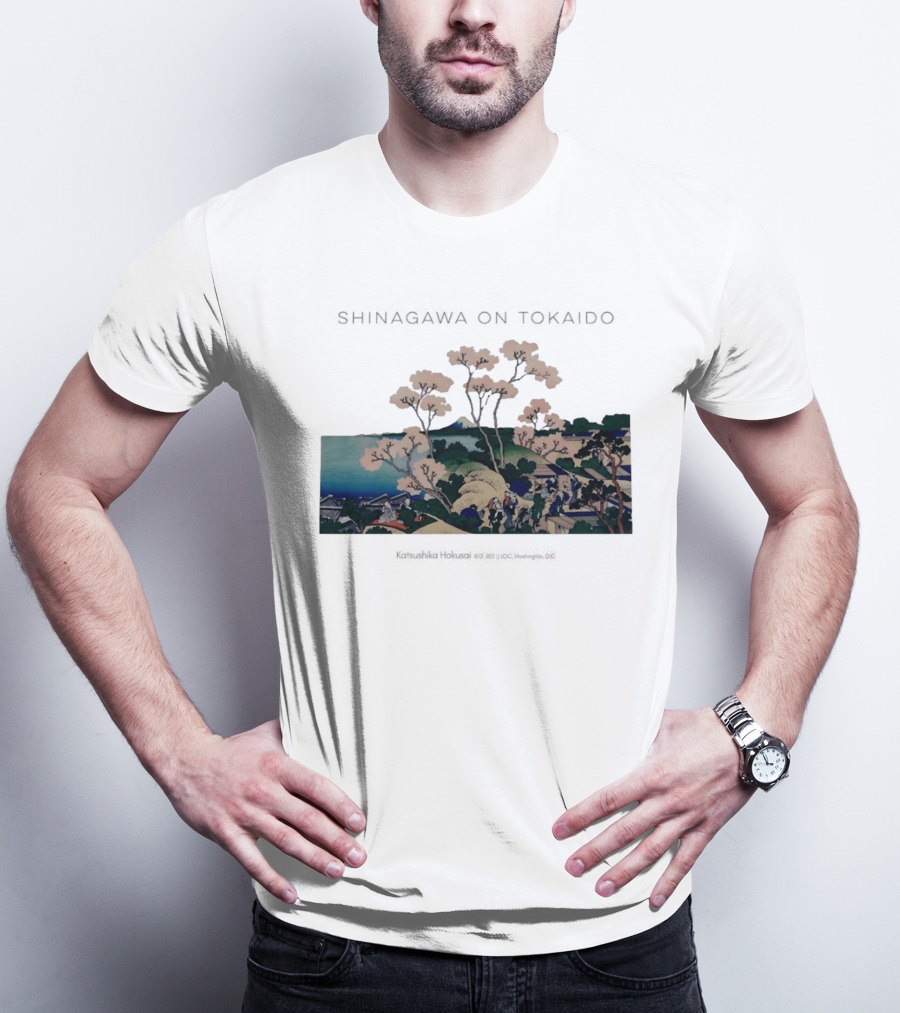 Shinagawa On Tokaido Katsushika Hokusai Cherry Blossoms And Travelers In Edo Period Japan T-Shirt