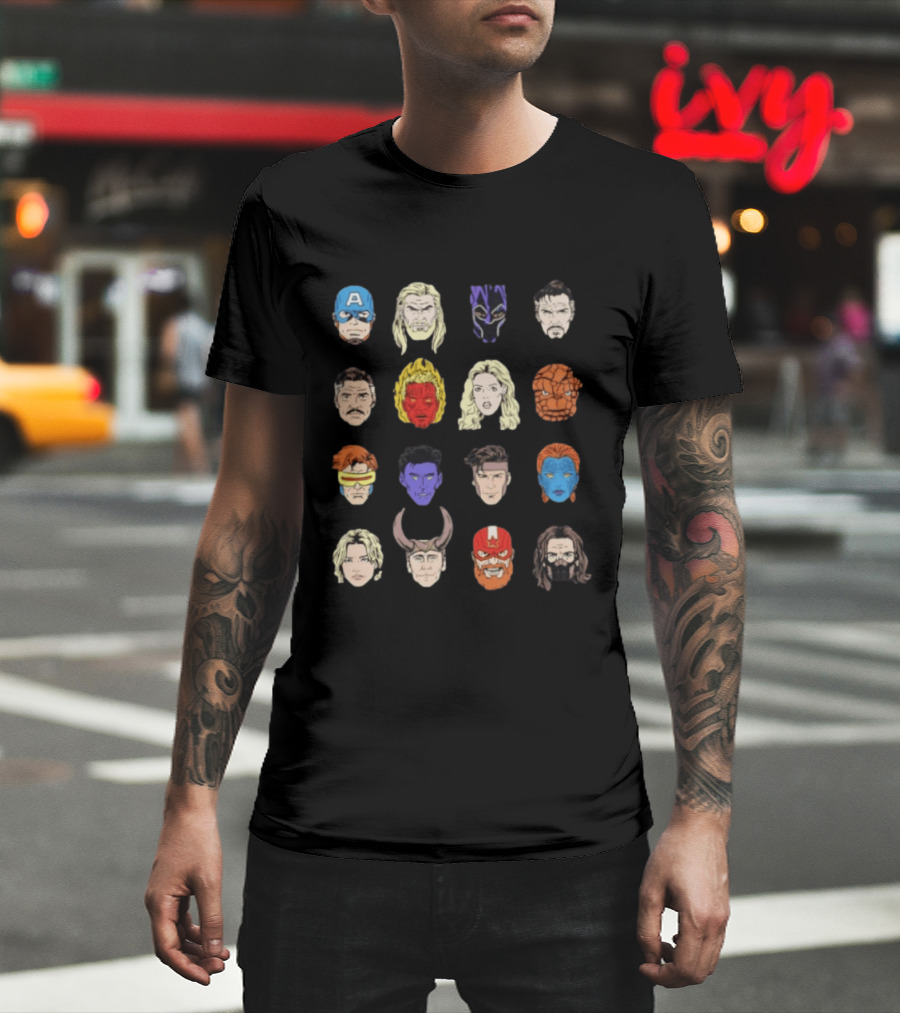 Heroes Assemble Big Head Iconic Characters Collage T-Shirt
