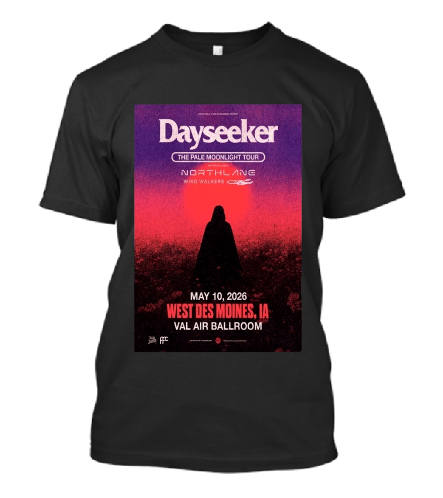 Dayseeker The Pale Moonlight Tour West Des Moines IA May 10 2026 Val Air Ballroom Northlane Wind Walkers T-Shirt