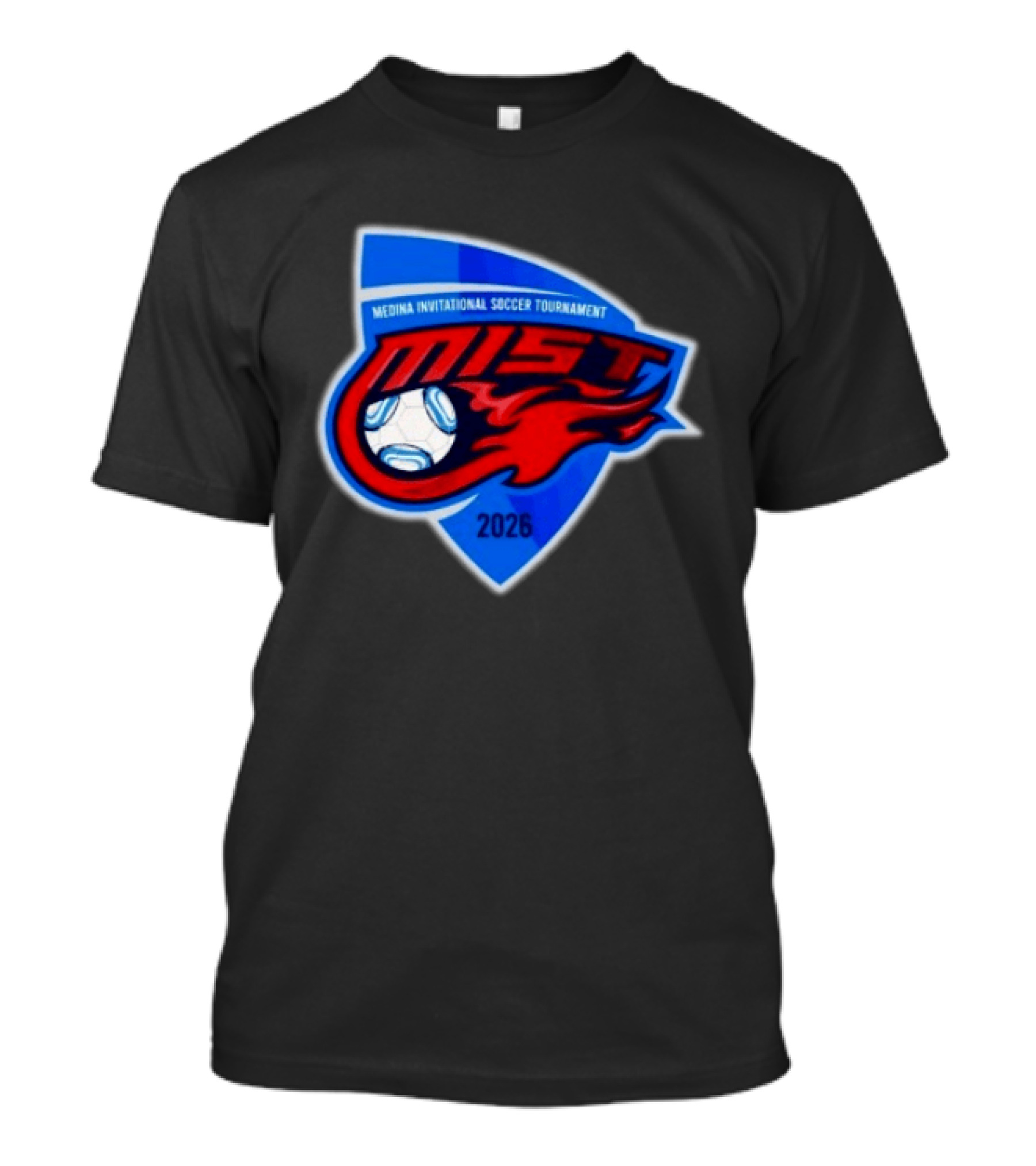 Medina Invitational Soccer Tournament MIST 2026 Soccer Ball And Flame T-Shirt