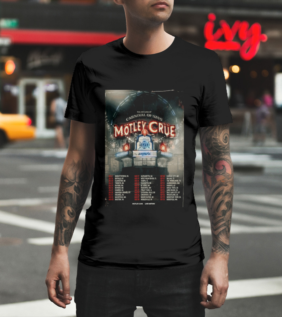 Motley Crue Carnival Of Sins Tour 2026 Featuring Tesla Dates And Locations T-Shirt